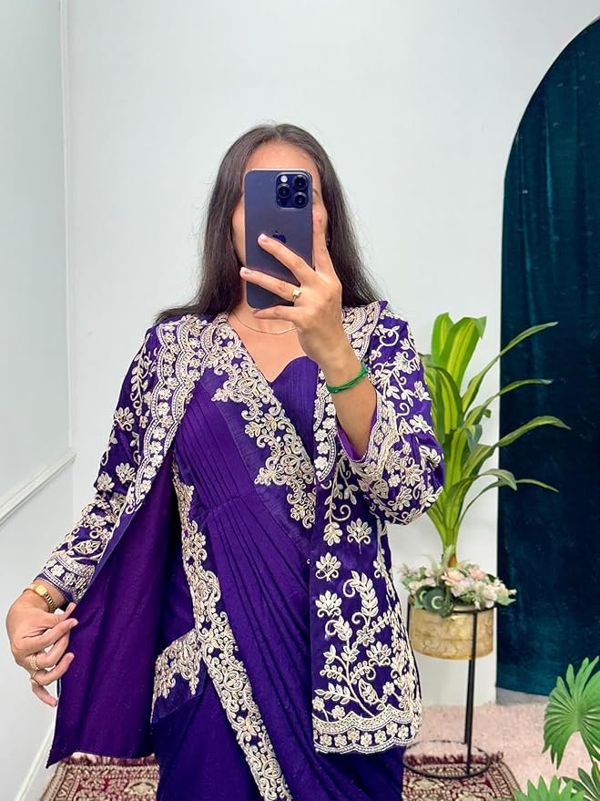 Ready To Wear Saree & Koti Set For Women Bollywood Style Chinon Silk ...